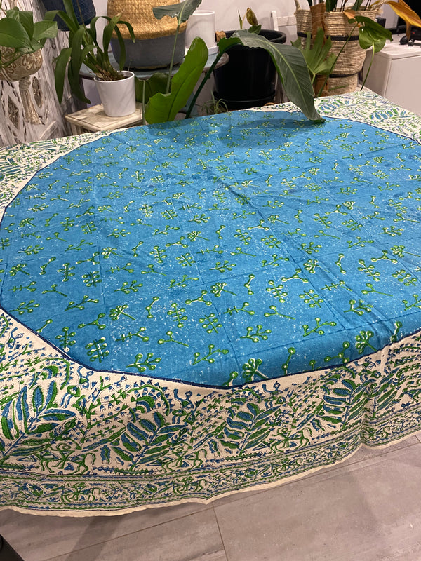 Tribal Blue & Green Round Tablecloth – 160cm Handwoven Cotton – Fair T ...